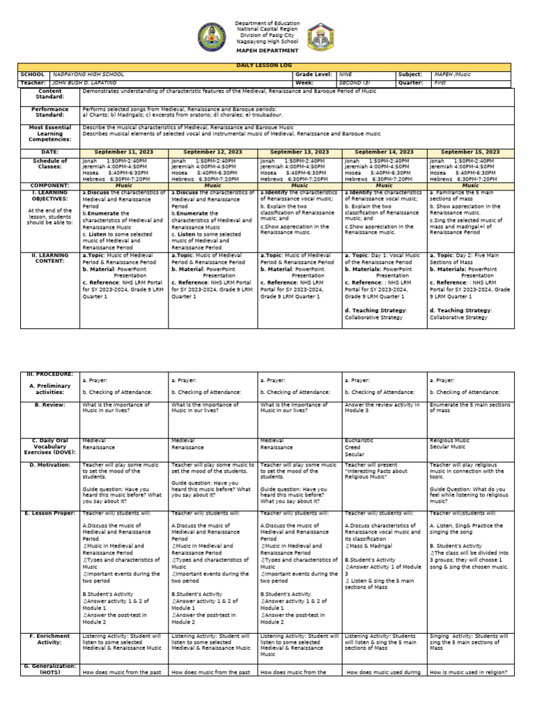 DLL September Week 1 2023 2024 | PDF | Multiple Choice | Learning