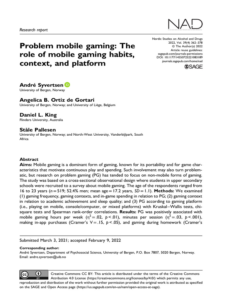 Problem Mobile Gaming: The Role of Mobile Gaming Habits, Context, and ...