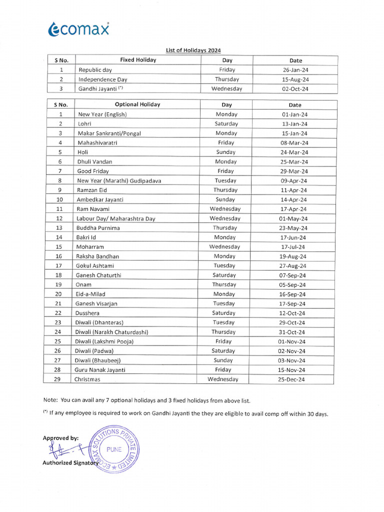 Holiday List - Jan 24-Dec 24 | PDF