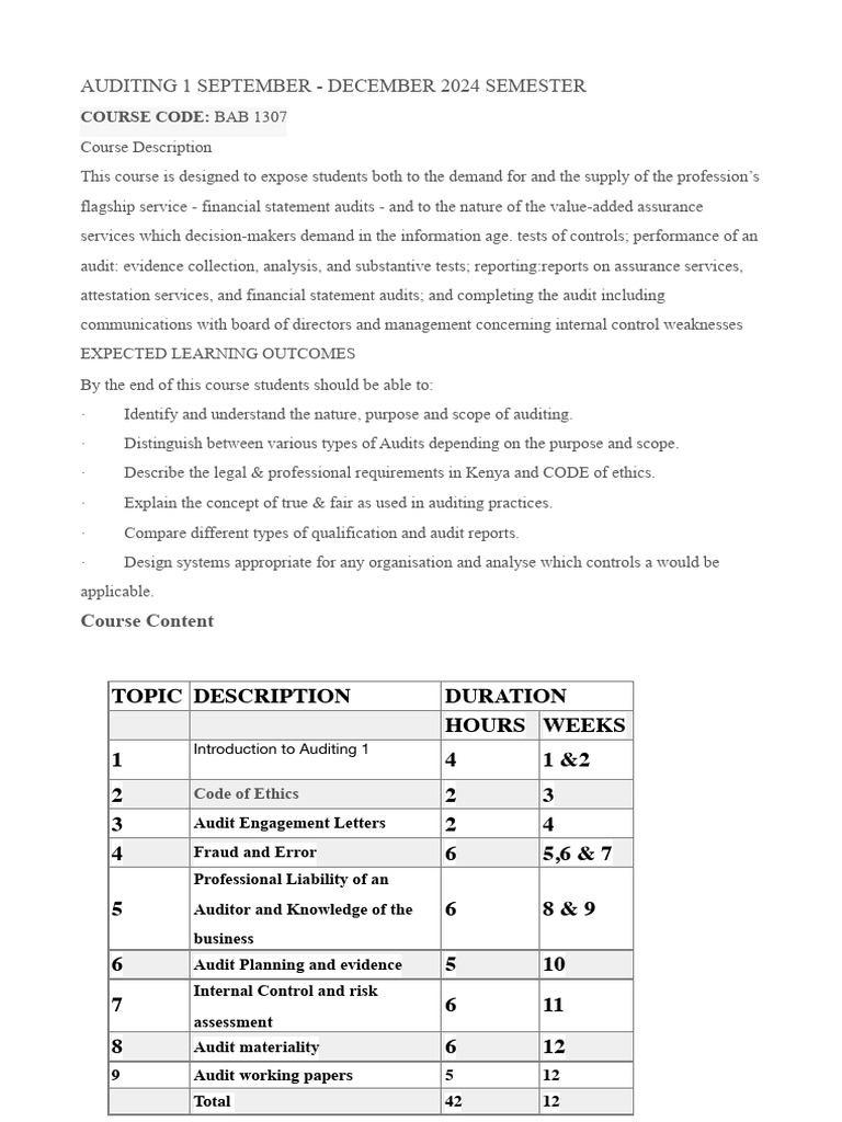 BAB 1307 AUDITING 1 Course Outline | PDF | Audit | Internal Control