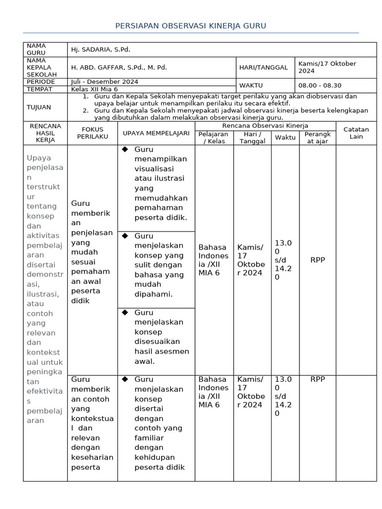 PERSIAPAN_OBSERVASI_KINERJA_GURU_HJ. SADARIA | PDF