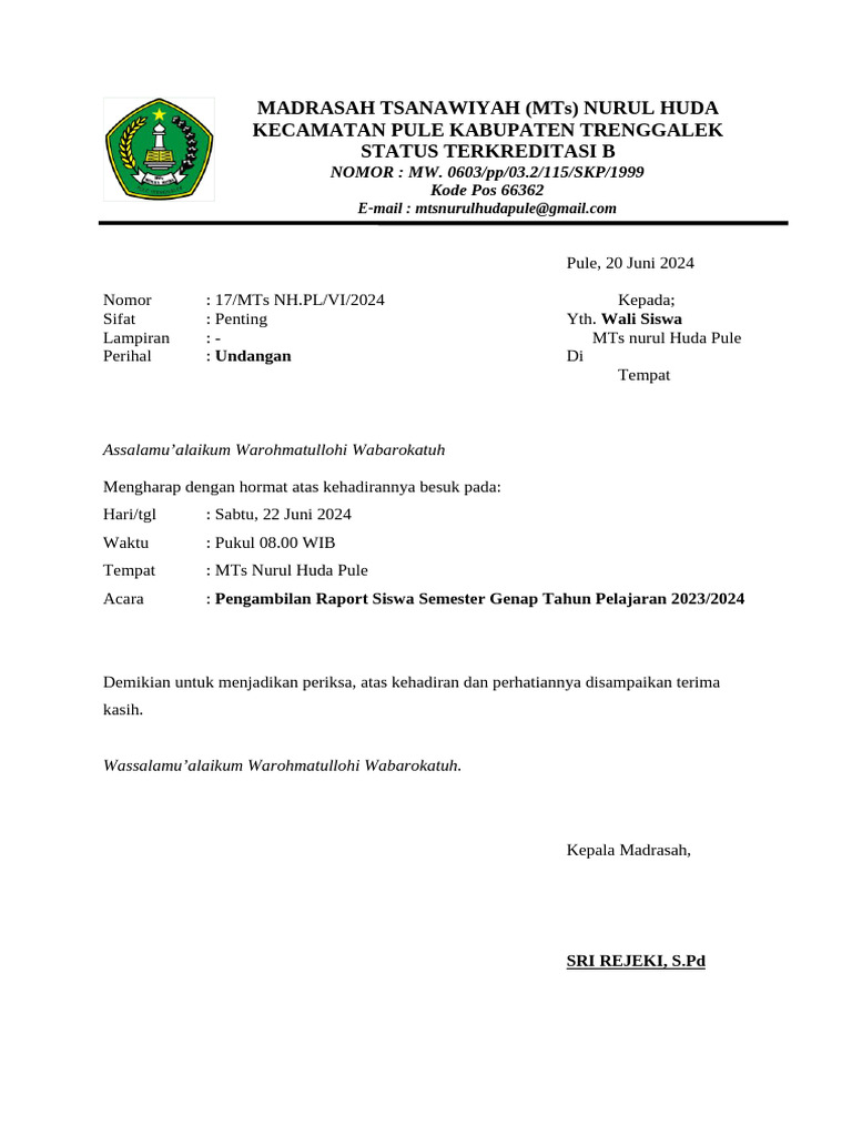 Undangan Pengambilan Raport MTs Nurul Huda | PDF