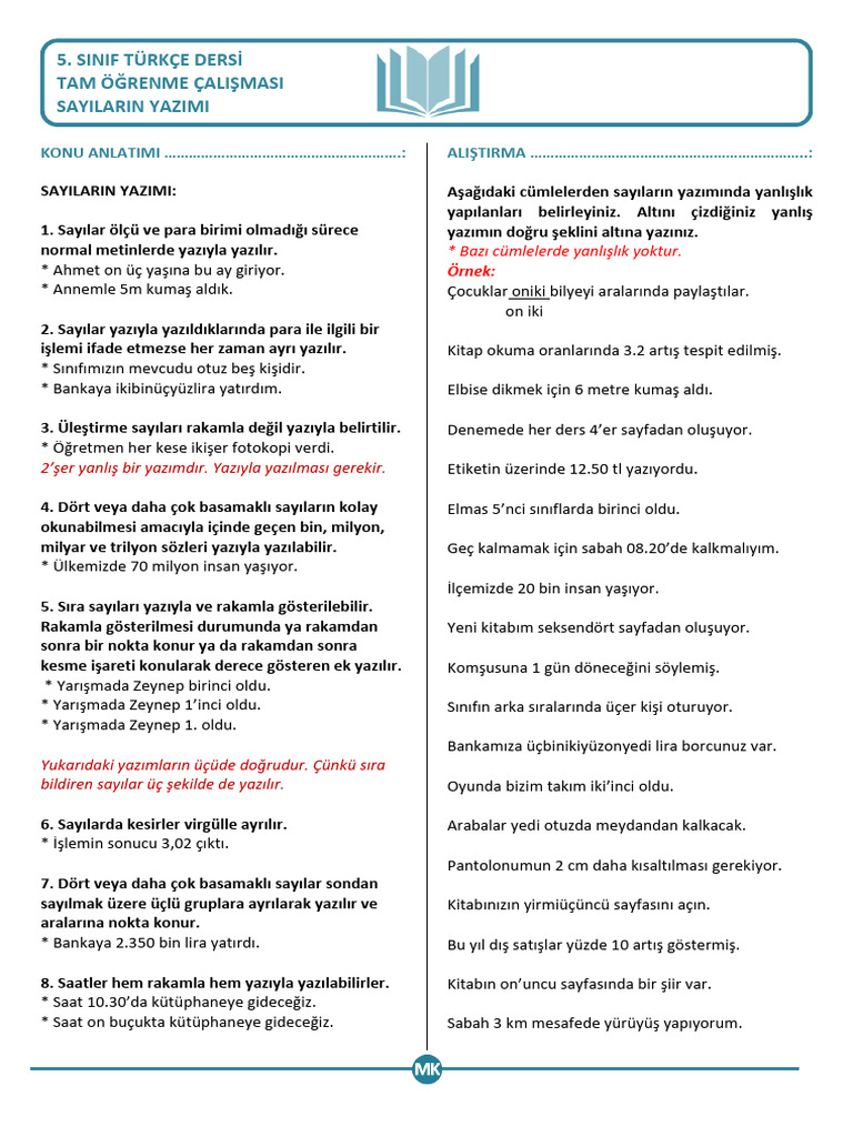 508 5 Sinif Tam Renme Sayilarin Yazimi | PDF