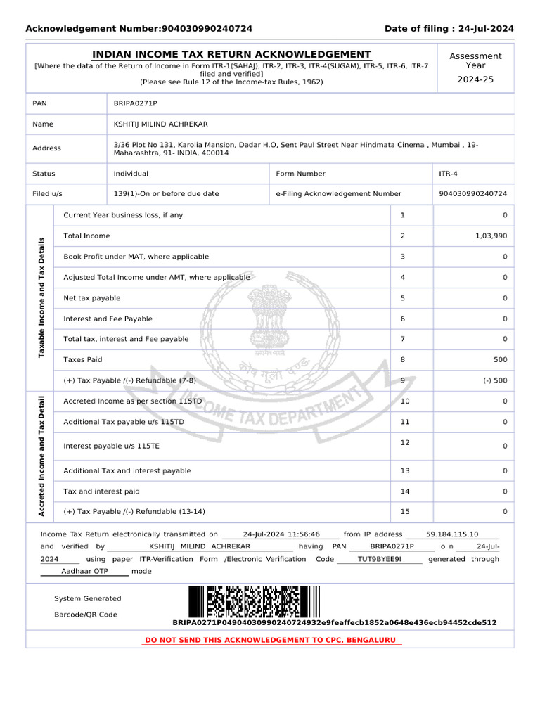 ITR Ack - Computation Fy 23-24 | PDF | Taxes | Income Tax