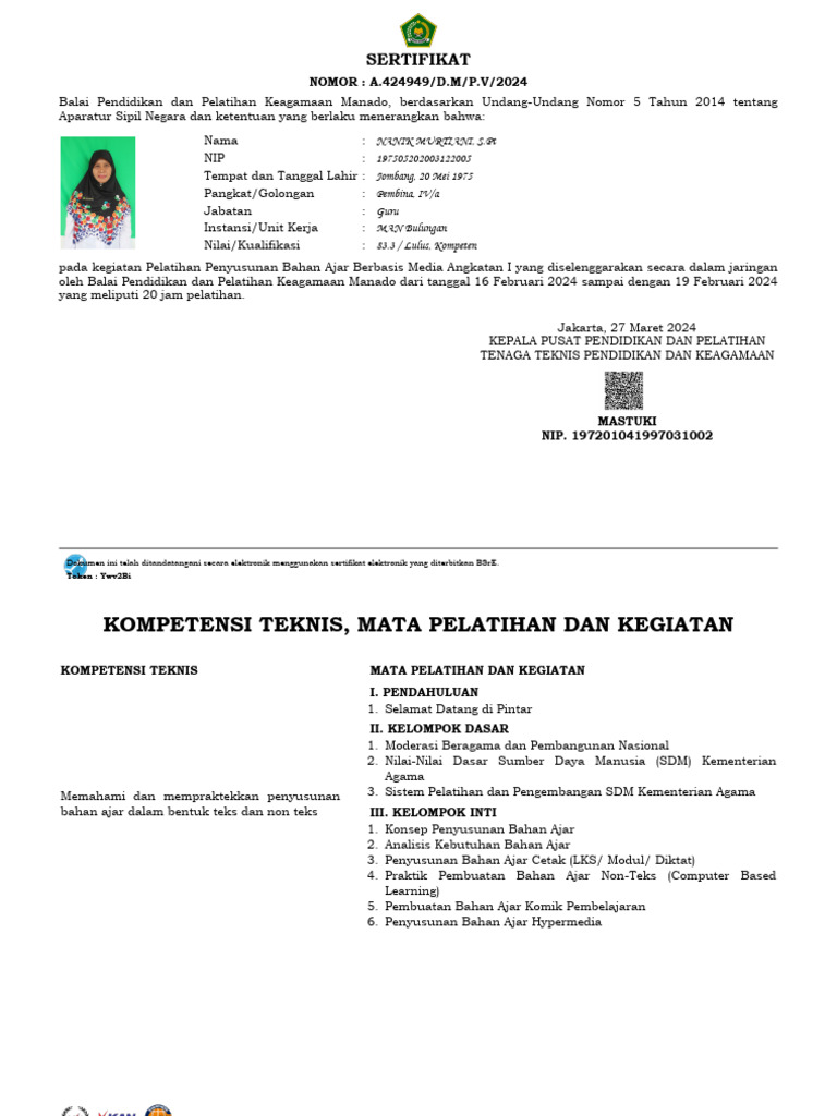 Sertifikat Pelatihan MOOC Pintar Penyusunana Bahan Ajar Berbasis Media | PDF