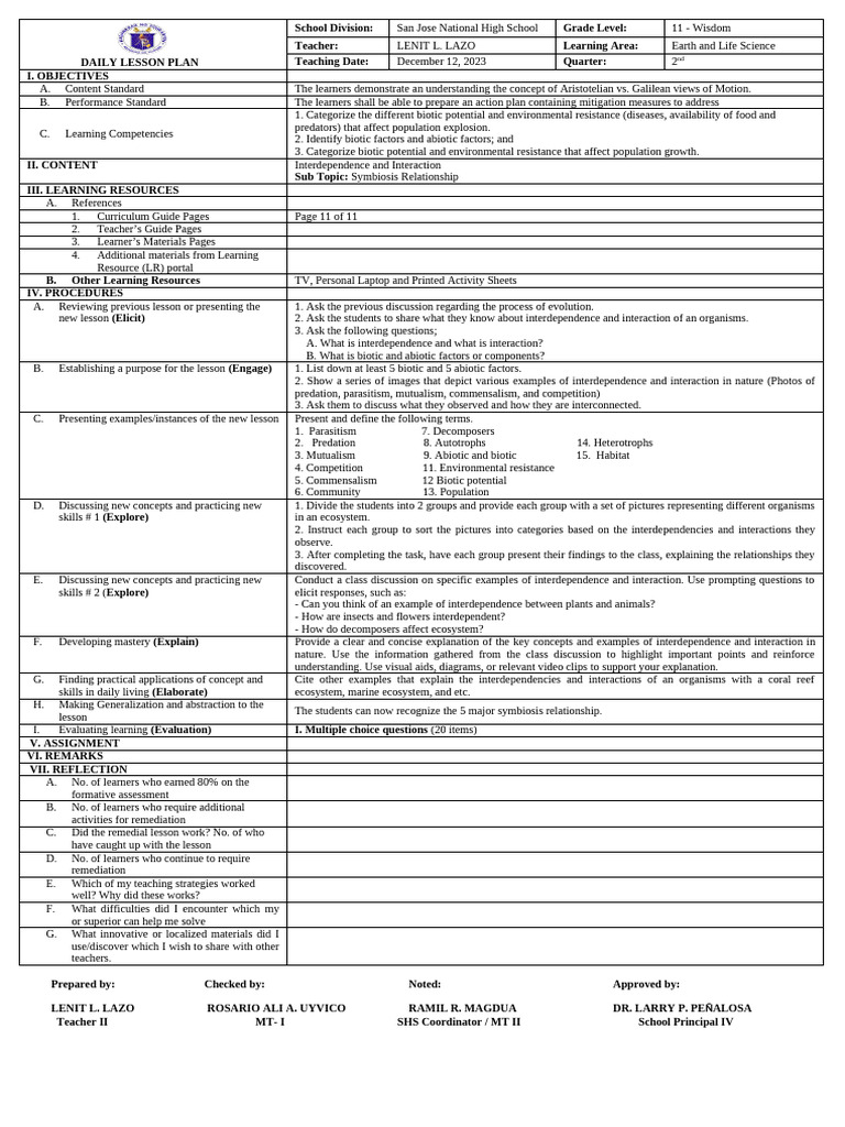 DAILY LESSON PLAN - Earth and Life Science | PDF | Ecosystem | Learning