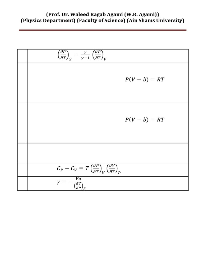 SHEET 9 (PHYS 205) TdS EQUATIONS, ENERGY EQUATIONS AND HEAT CAPACITY ...