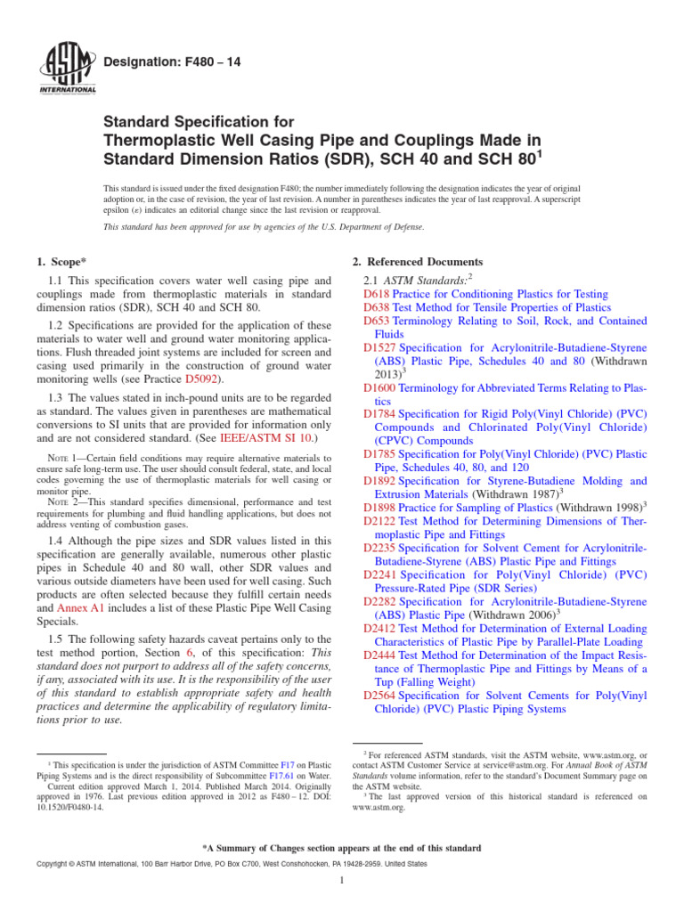 ASTM F480: Thermoplastic Well Casing | PDF | Pipe (Fluid Conveyance ...