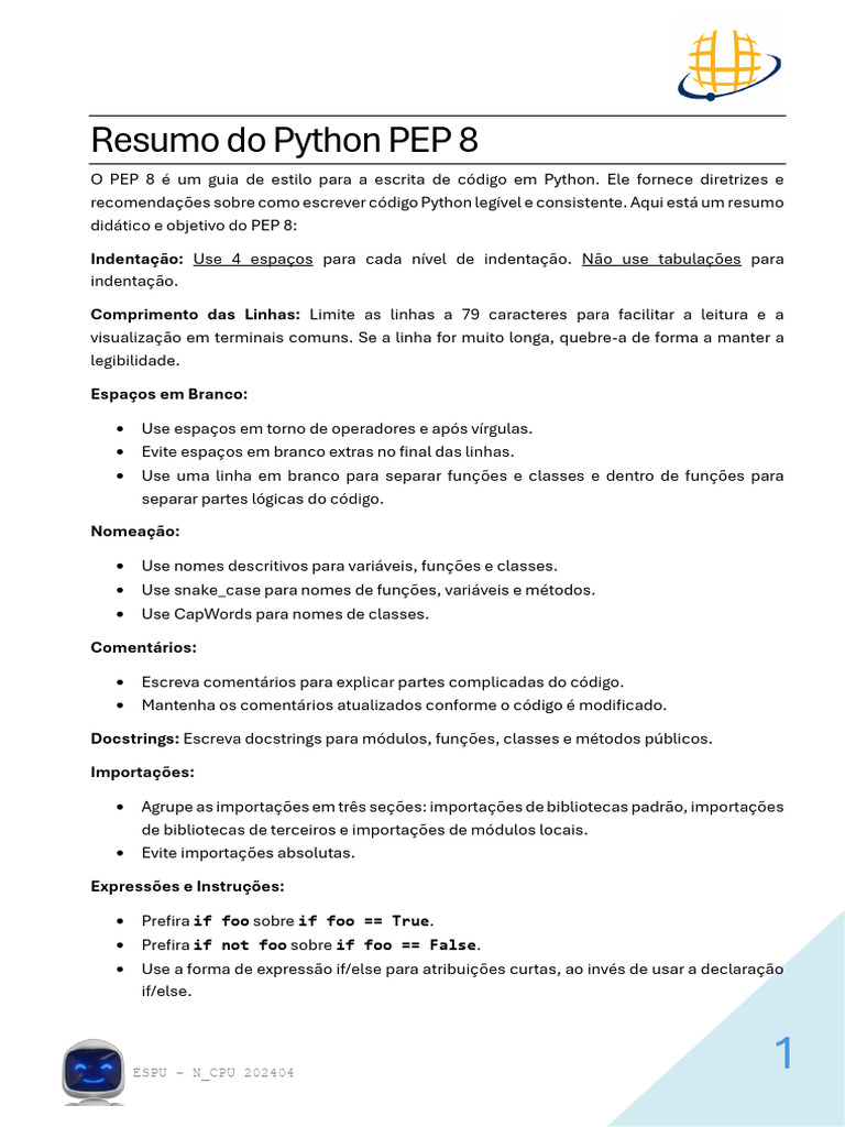 Resumo_do_Python_PEP_8 | PDF | Python (linguagem de programação ... Resumo_do_Python_PEP_8 | PDF | Python (linguagem de programação ...