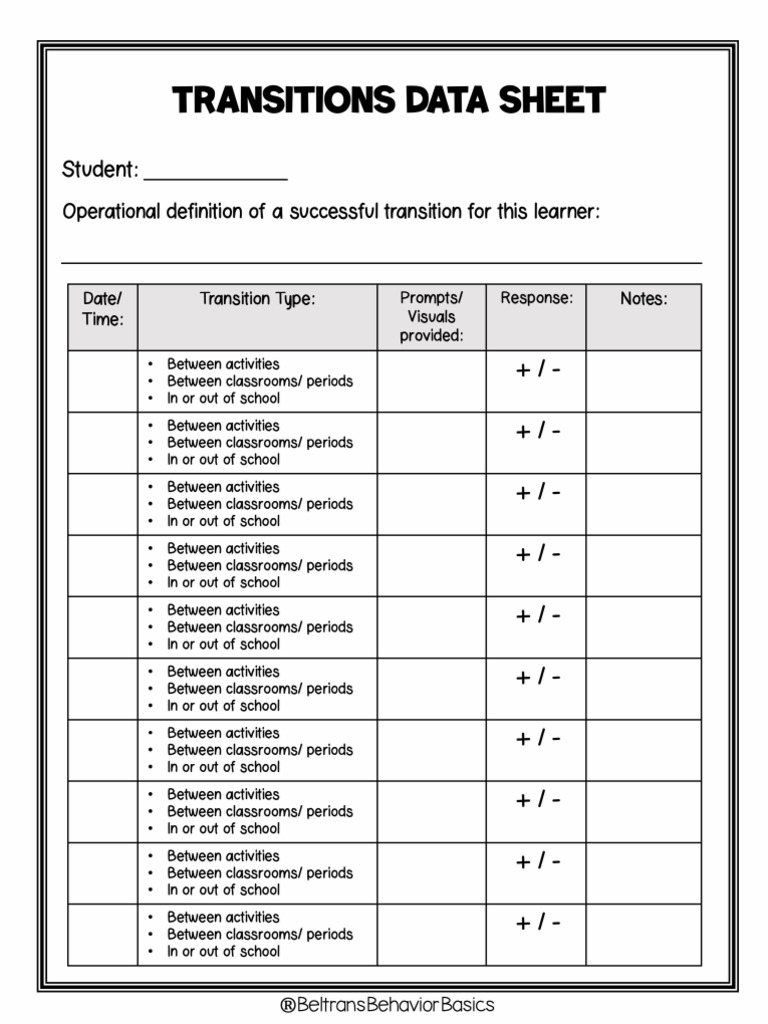 FreeTransitionsDataSheetforIEPGoalsABAAutismorSpecialEducation-1 | PDF