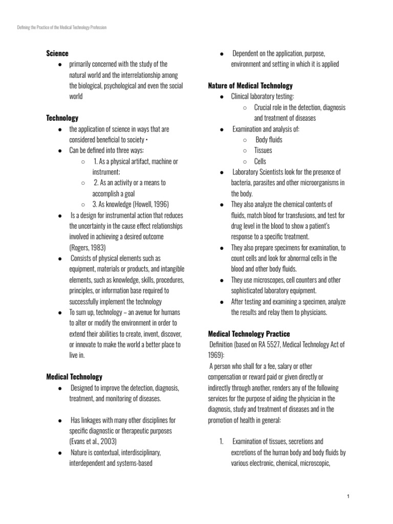 Medical Technology Profession Guide | PDF | Pathology | Medical Diagnosis