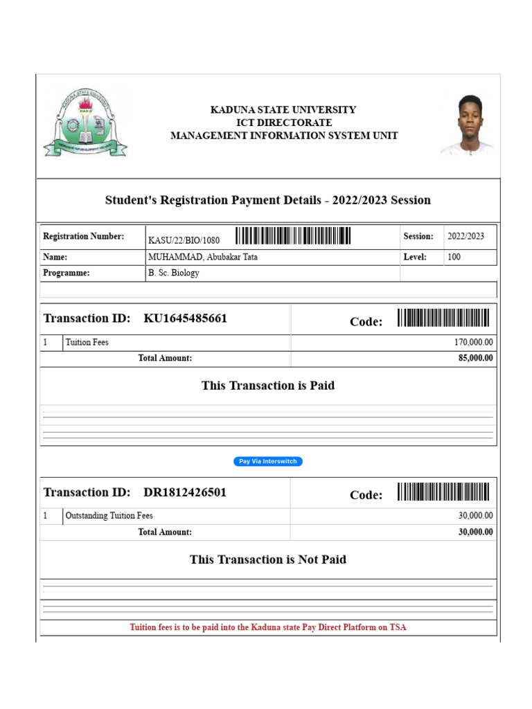 School Fees Transaction Slip - Kaduna State University | PDF