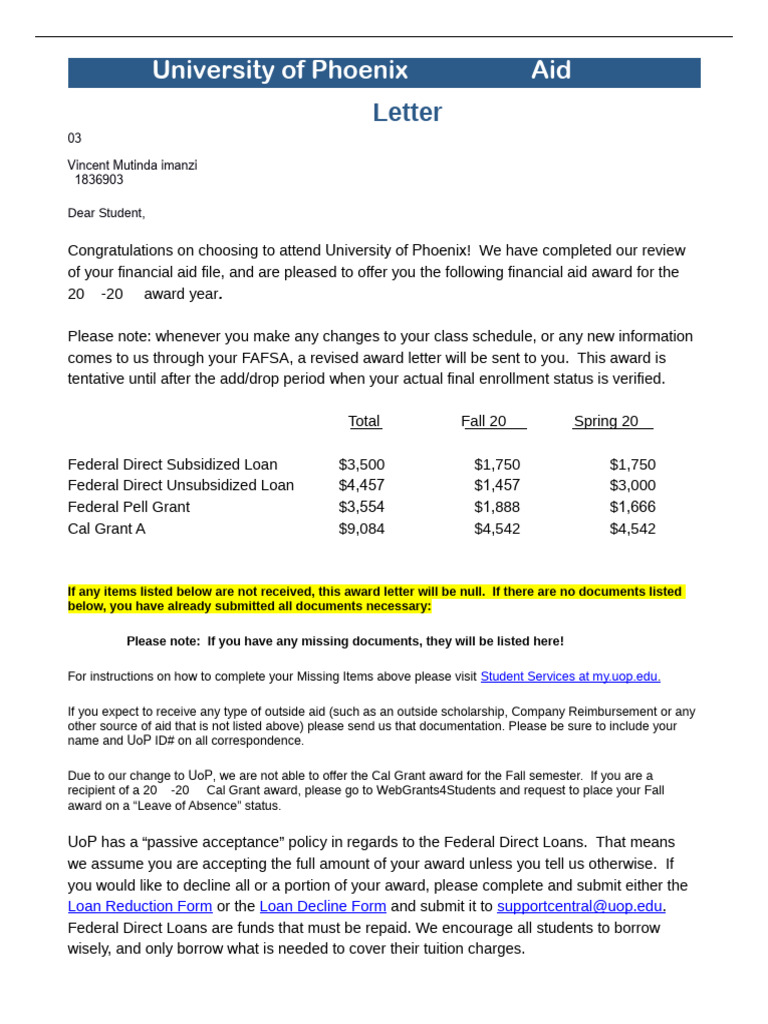 Vincent - FAFSA Award Letter | PDF | Student Financial Aid In The ...