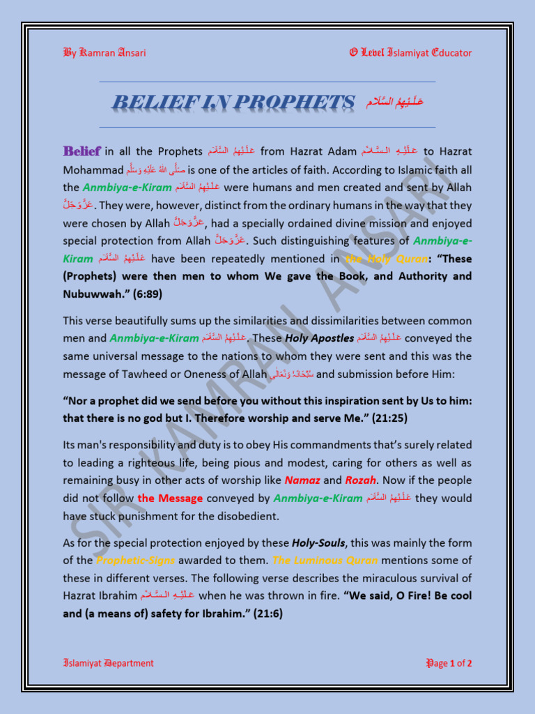 A.f-4 Belief in Prophets | PDF | Prophets And Messengers In Islam ...