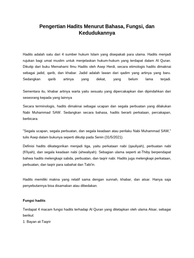 Hadits: Fungsi dan Kedudukannya | PDF