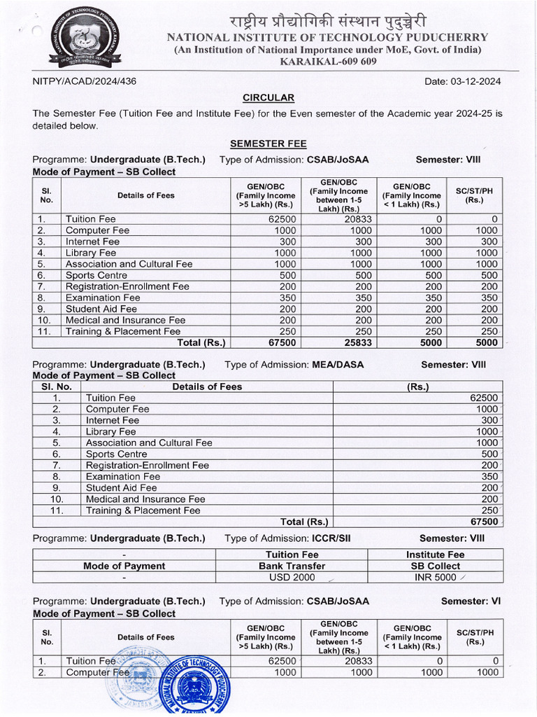 Fee circular for the Even semester of the AY 2024-25 (except B.Tech. (I Year) 2024 admitted ...