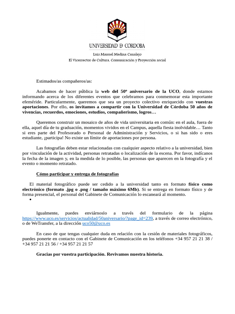 Carta Solicitud Fotos para 50 Aniversario UCO | PDF