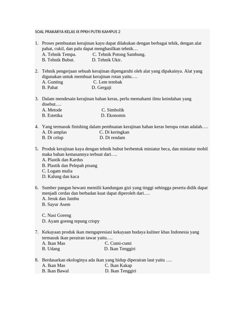 soal semester prakarya kelas IX | PDF