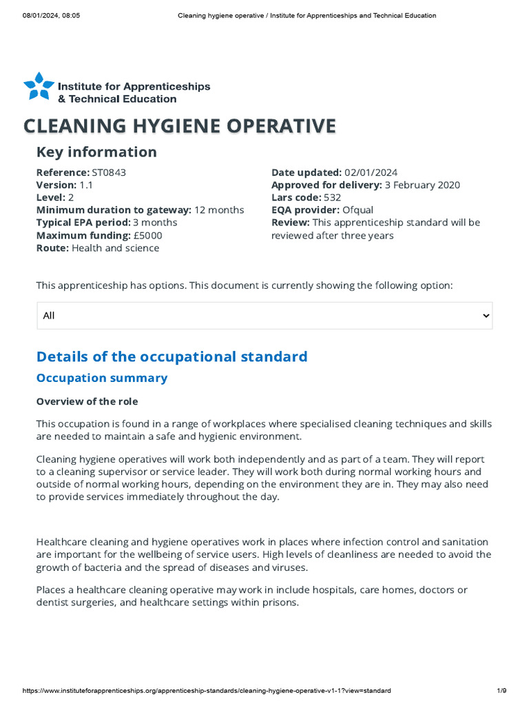 2024.02.01 L2 ST0843 Cleaning Hygiene Operative Standard | PDF ...