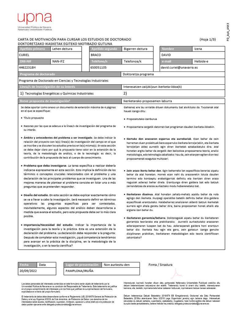 David Curiel - Carta de Motivación Doctorado | PDF | Metodología | Science