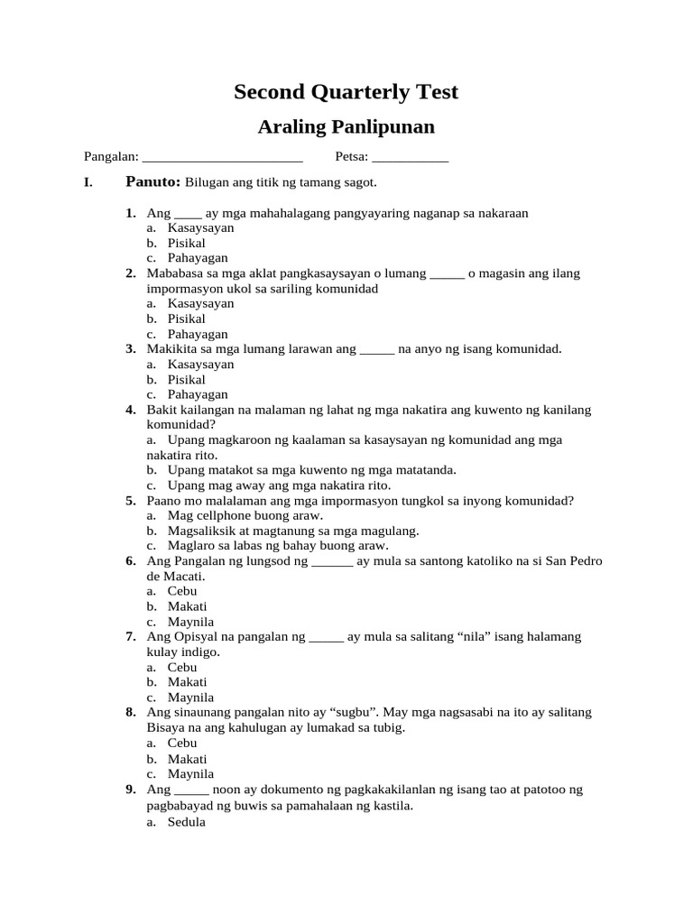 Second Quarterly Test Aral Pan ANS | PDF