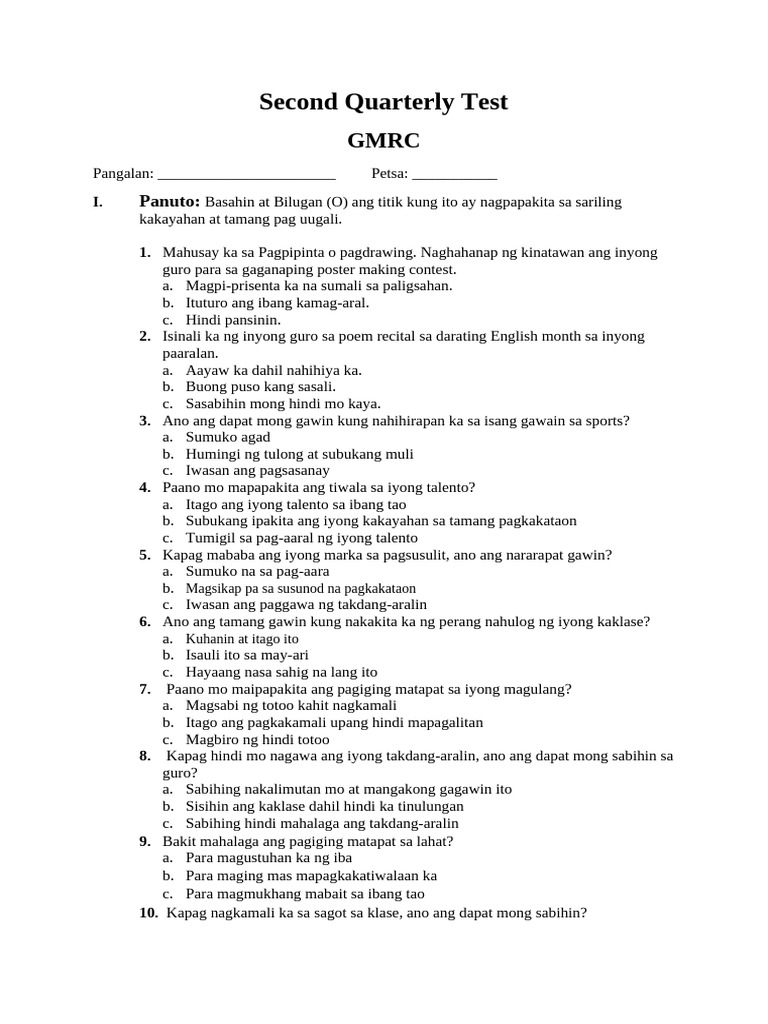 Second Quarterly Test GMRC ANS | PDF