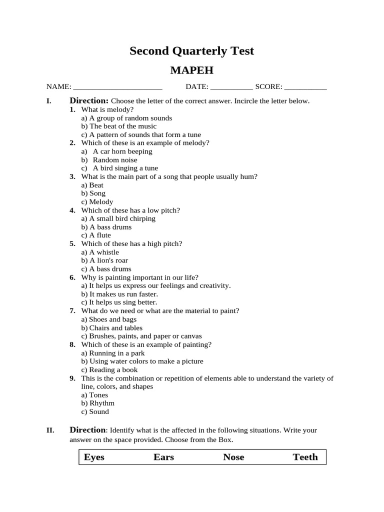 MAPEH Second Quarterly Test Guide | PDF | Pitch (Music) | Melody