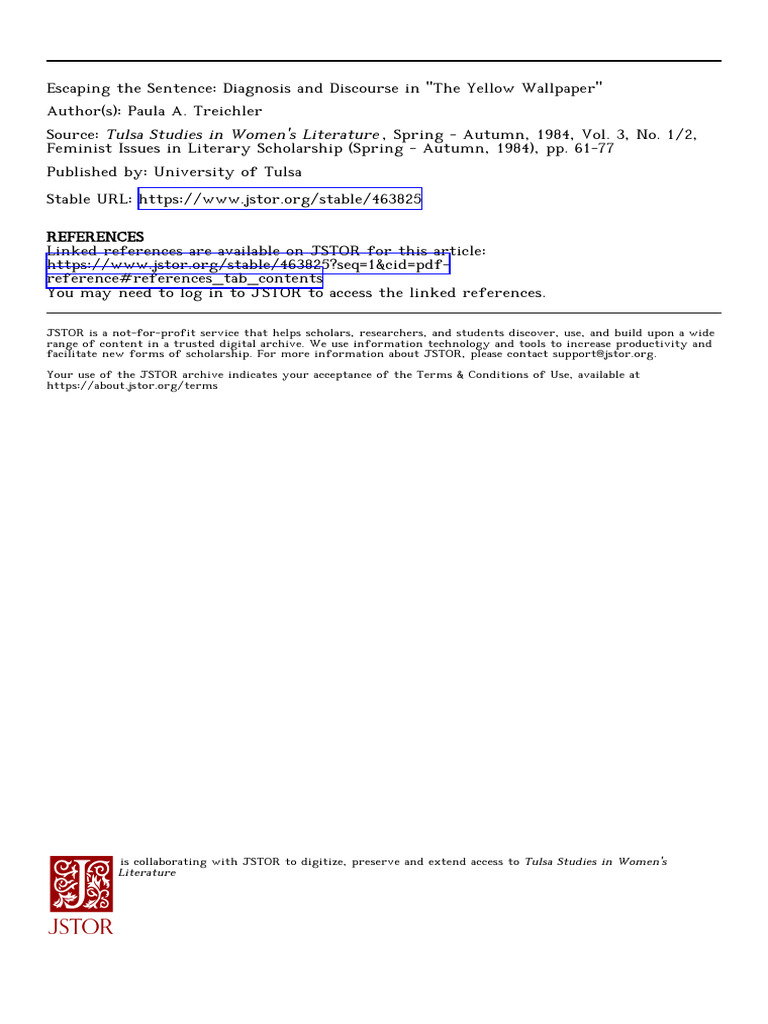 Treichler EscapingSentenceDiagnosis 1984 | PDF | The Yellow Wallpaper