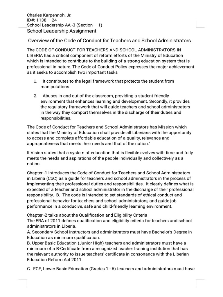 Assignment of Teachers Code of Conduct | PDF | Teachers | Liberia