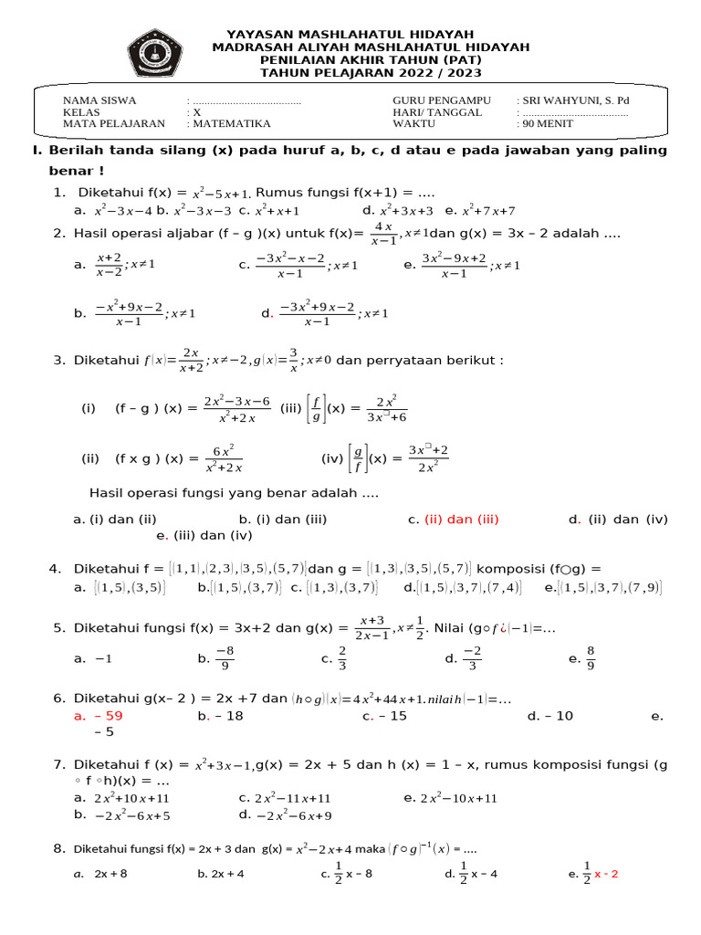 Soal Pat Mtk x 2022-2023 | PDF