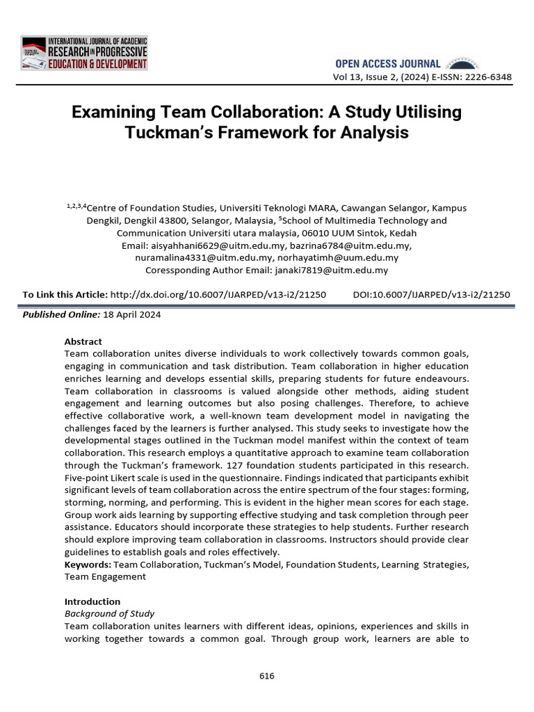 Examining Team Collaboration: A Study Utilising: Tuckman's Framework For Analysis | PDF ...