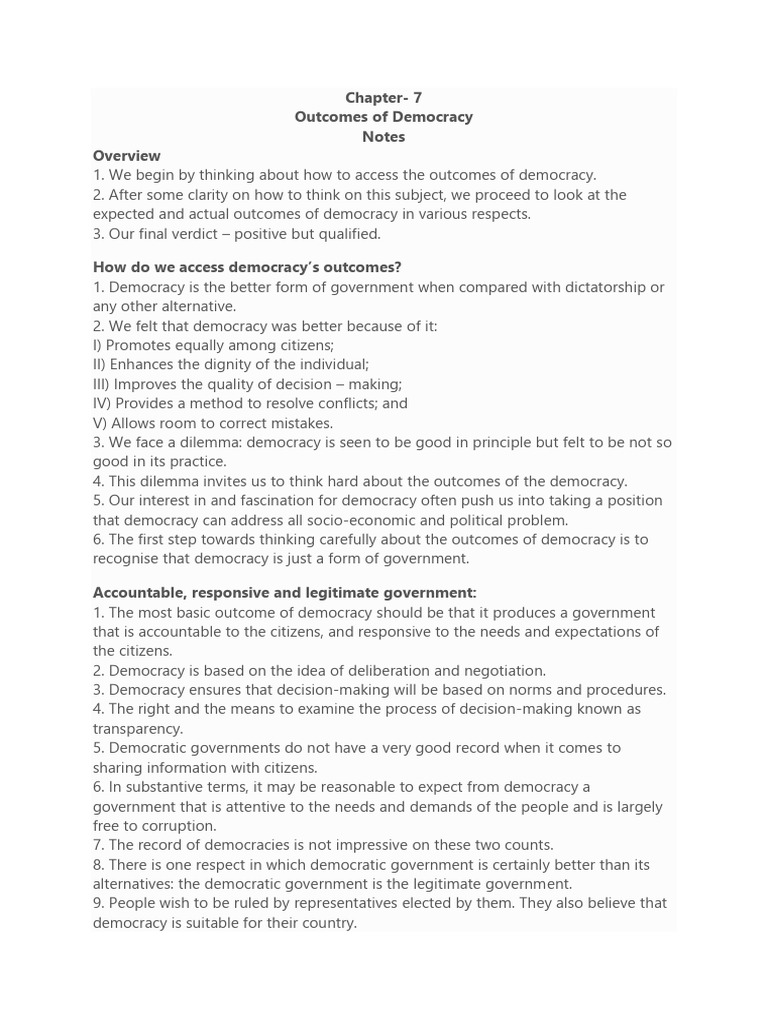 Notes - Outcomes of Democracy | PDF | Democracy | Political Ideologies