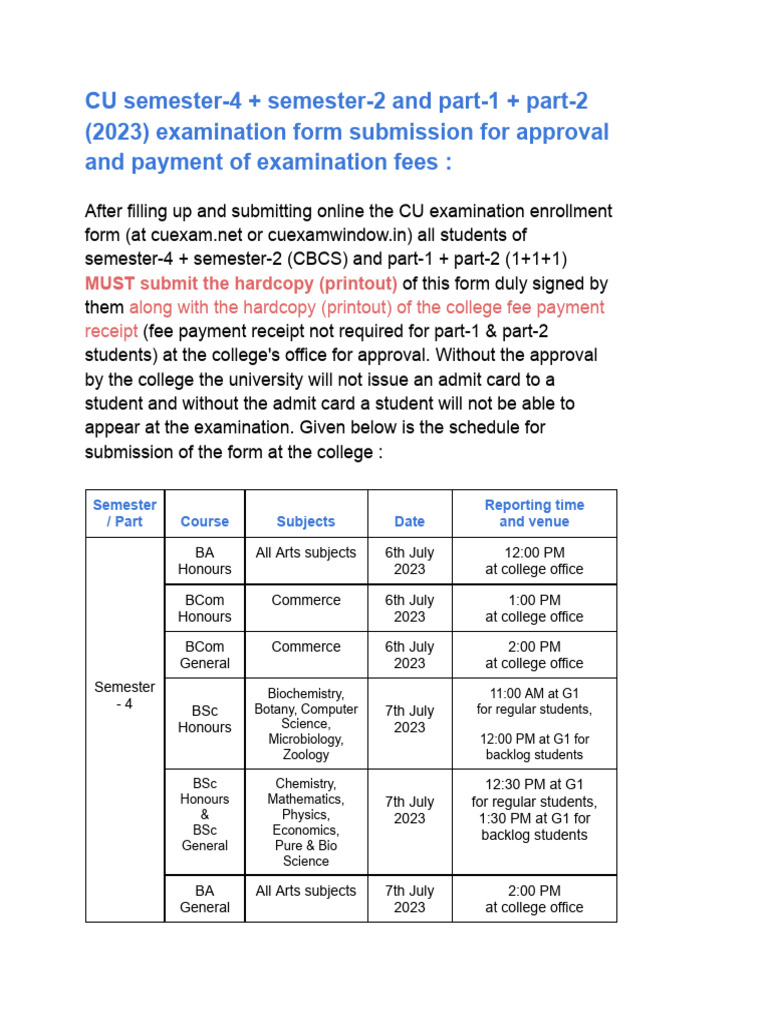 CU 2022 23 Sem 4 2 Exam Form Approval | PDF | Bachelor Of Science ...
