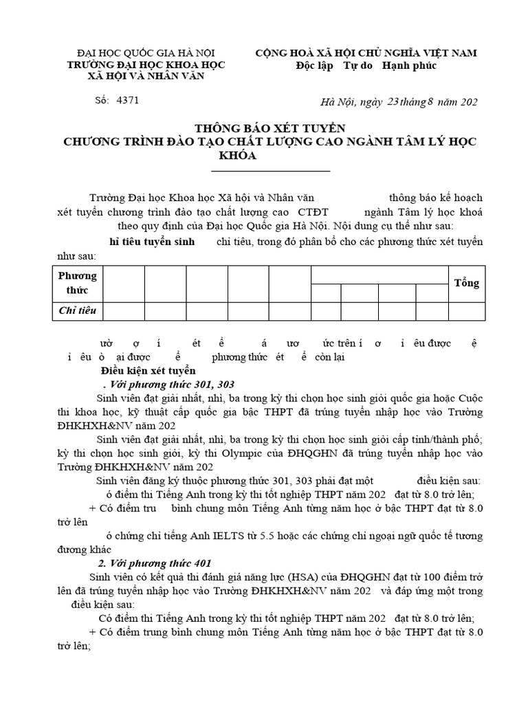 21082024.Thong tin tuyen sinh CTDT CLC Tam ly hoc nam 2024 | PDF