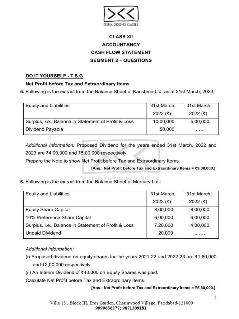 Class XII Accountancy: Cash Flow Statement Questions | PDF | Equity ...