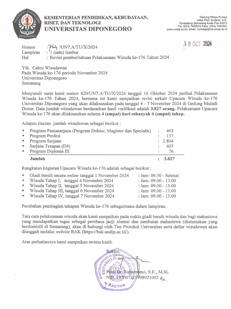 Revisi Pemberitahuan Pelaksanaan Wisuda Ke 176 Tahun 2024 Untuk Calon Wisudawan | PDF