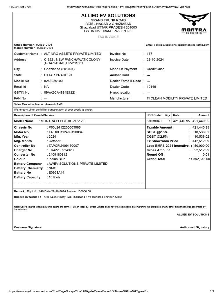 ALT NRG PANKAJ UPADATED INVOICE | PDF | Electrification | Green Vehicles