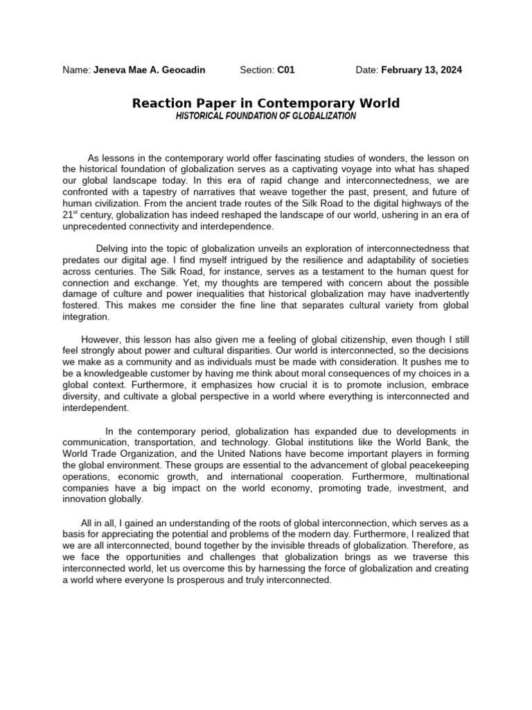 CWorld ReactionPaper 2 Final | PDF | Globalization | Economies