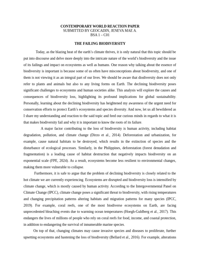 Geocadin CWORLD Reaction Paper | PDF | Biodiversity | Habitat Destruction