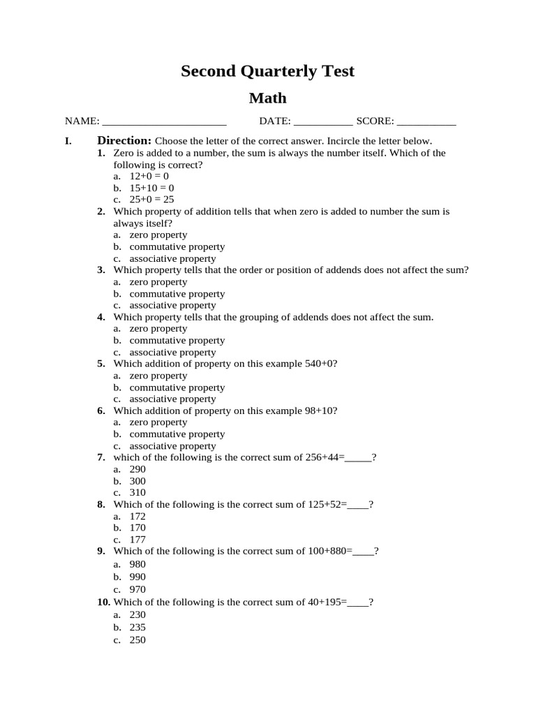 Second Quarterly Test Math ANS | PDF | Elementary Mathematics | Arithmetic