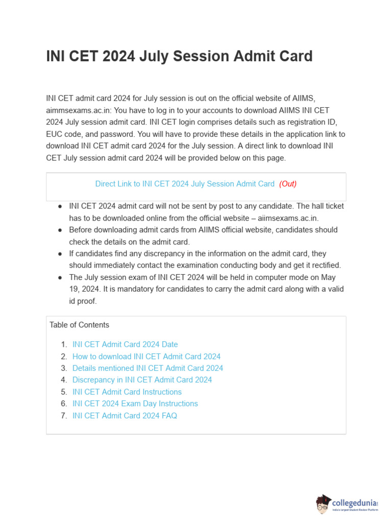 INI CET 2024 July Session Admit Card | PDF