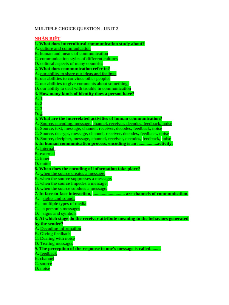 Multiple Choice Question - Chapter 2 - Keys | PDF | Communication | Attitude (Psychology)
