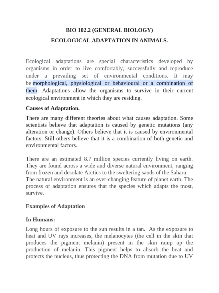 Animal Ecological Adaptations | PDF | Adaptation | Grassland