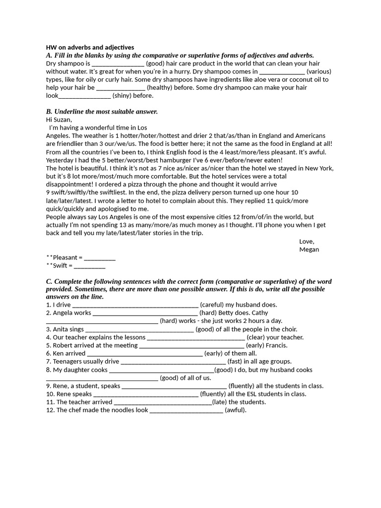 HW On Comparative or Superlative Adj and Adv | PDF | Shampoo