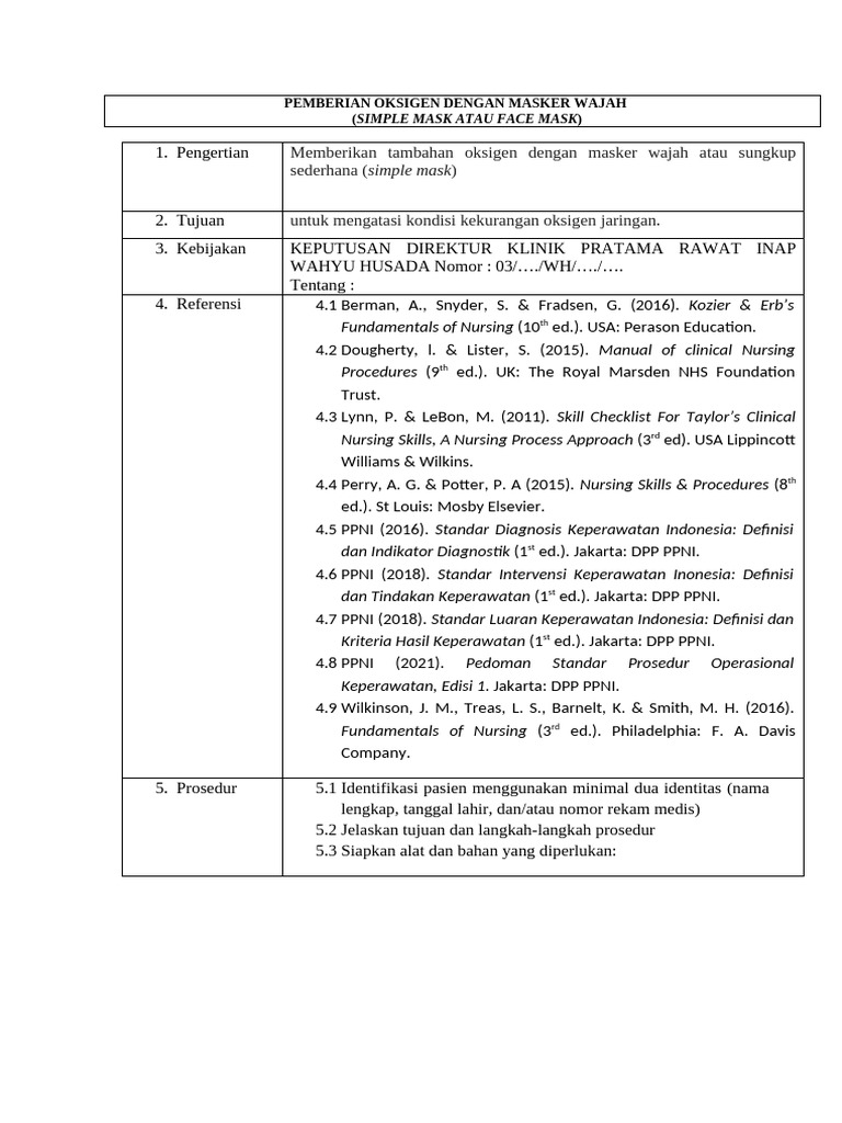 Sop Pemberian Oksigen Dengan Masker Wajah Simple Mask Atau Face Mask | PDF