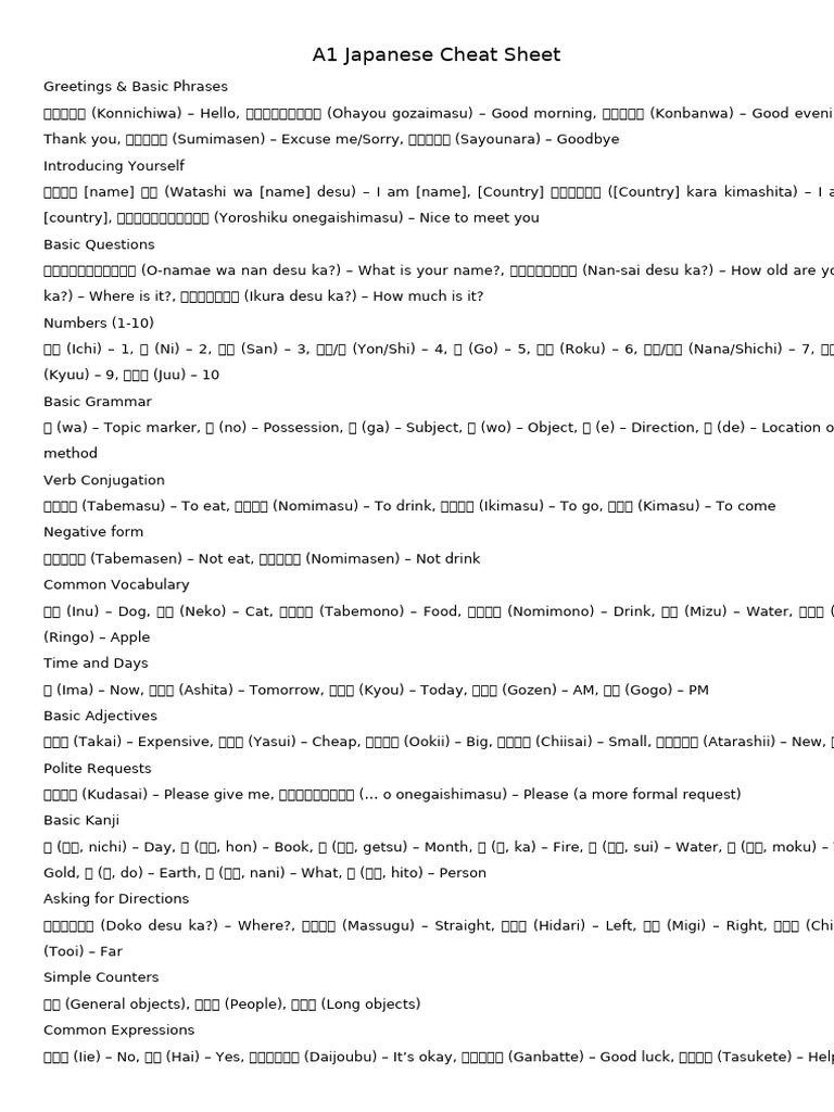 A1 Japanese Cheat Sheet | PDF