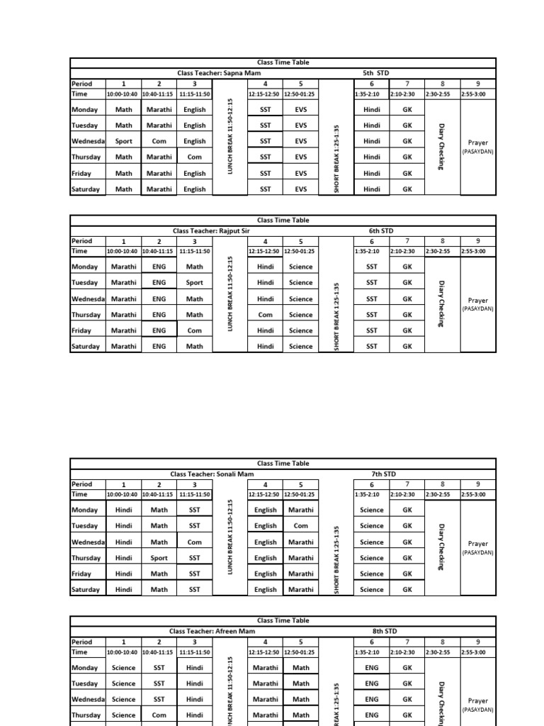 Class Timetable Month March STD 5 To 9th | PDF