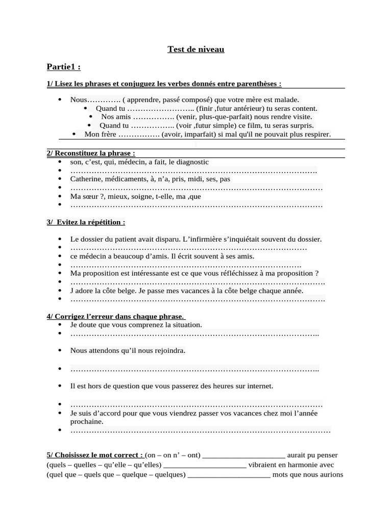 Test de niveau en conjugaison et grammaire | PDF | Verbe | Grammaire