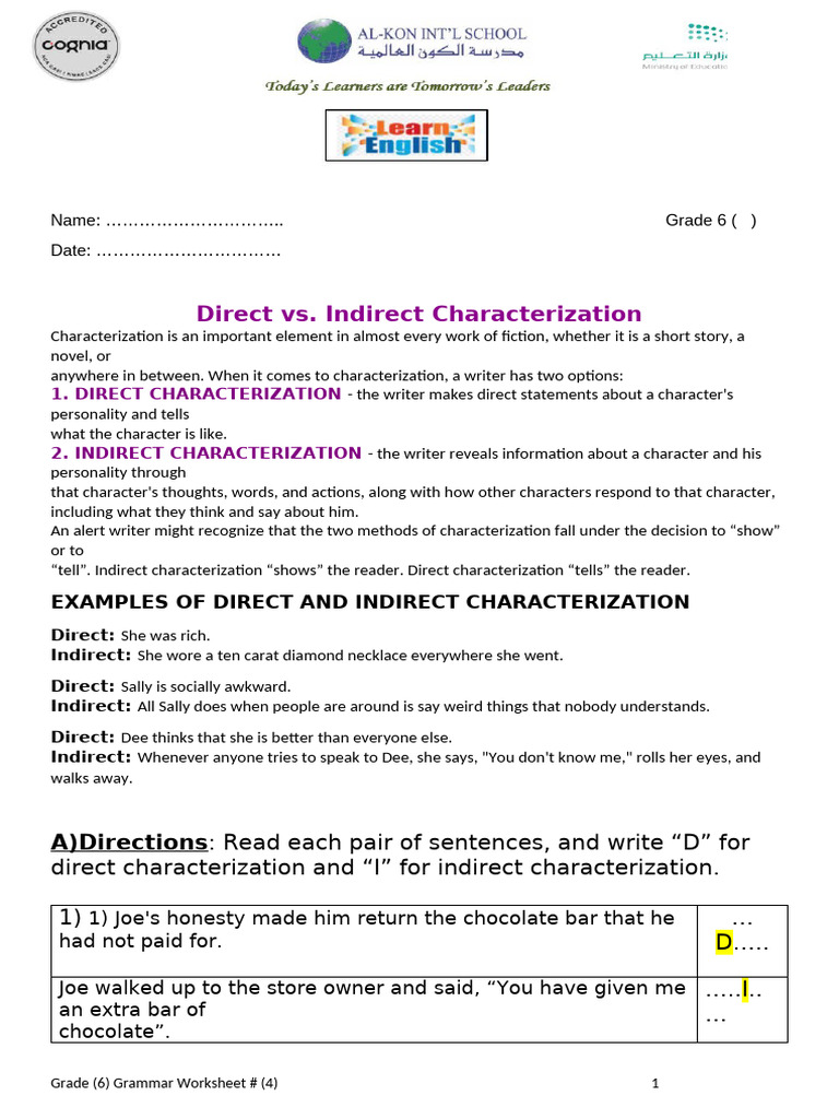 Direct vs. Indirect Characterization: Name: .. Grade 6 Date | PDF