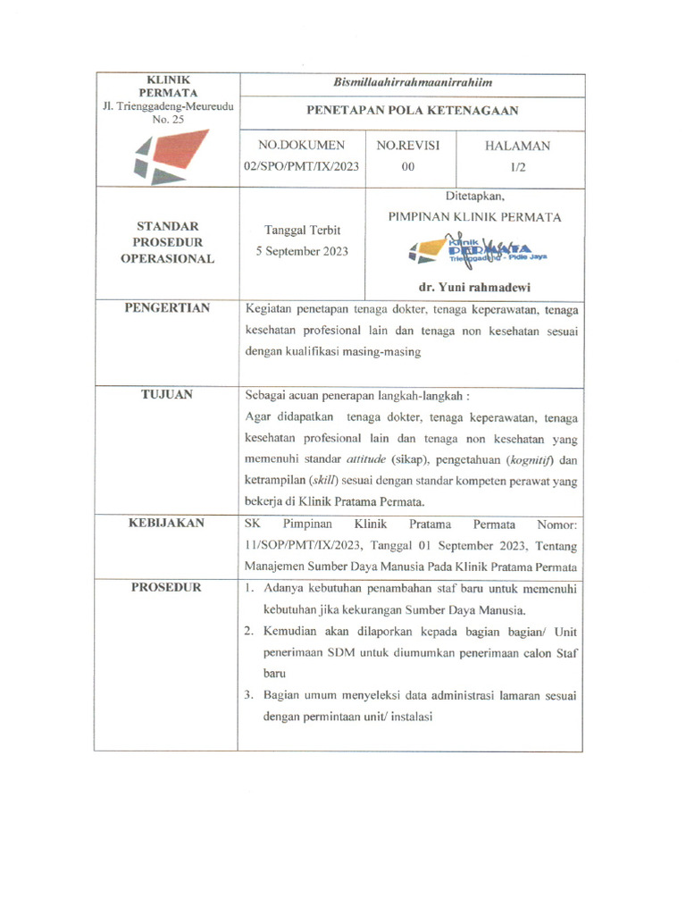1-2 Ep 1 Spo Penetapan Pola Ketenagaan | PDF